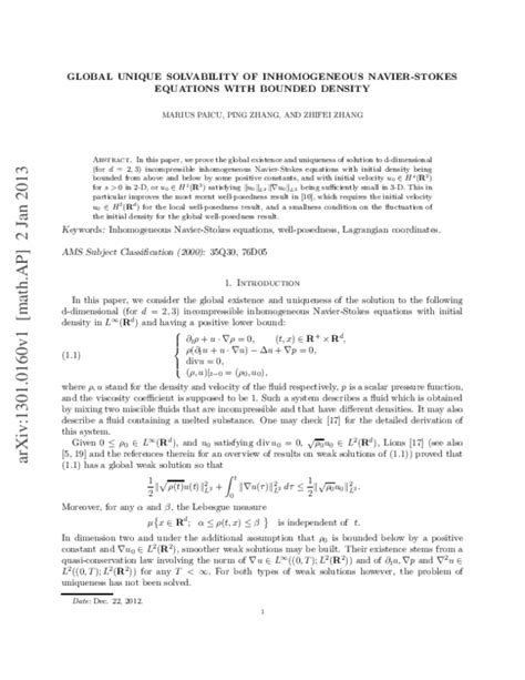 Pdf Global Unique Solvability Of Inhomogeneous Navier Stokes Equations With Bounded Density