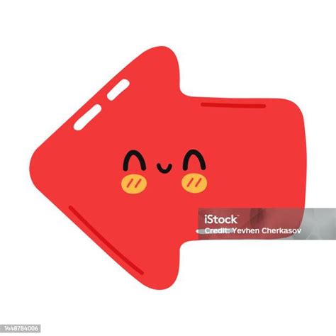 귀여운 재미 있는 빨간색 화살표 아이콘입니다 벡터 손으로 그린 만화 Kawaii 캐릭터 그림 아이콘입니다 흰색 배경에 격리 빨간색 화살표 왼쪽 방향 0명에 대한 스톡 벡터