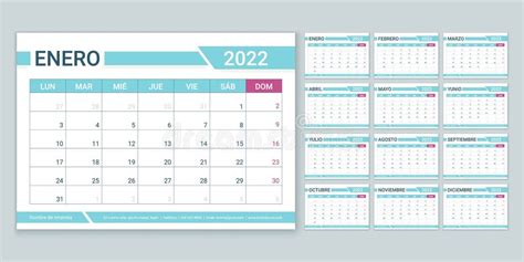 Calendar 2022 șablon Planner Spaniol Ilustrare Vectorială Grilă
