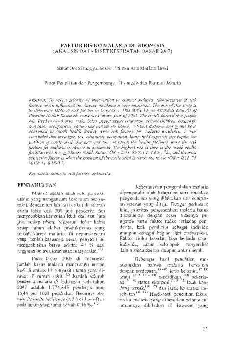 Pdf Faktor Risiko Malaria Di Indonesia Analisis Data Riset Kesehatan Dasar 2007