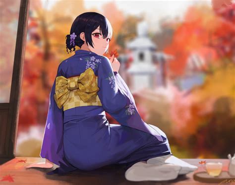 Safebooru 1girl Arm Support Autumn Autumn Leaves Bangs Black Hair
