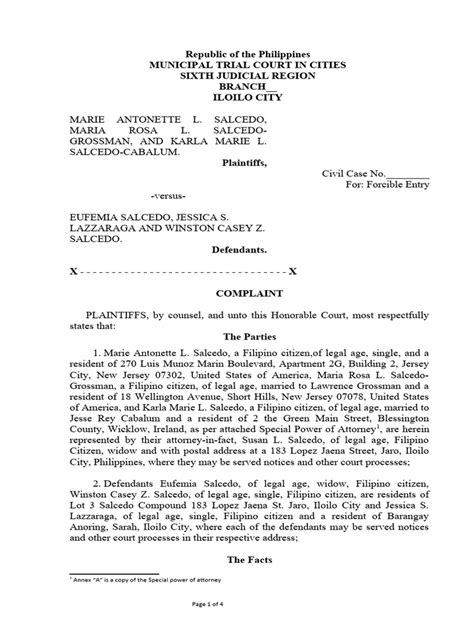 Ejectment Case Forcible Entry With Footnotes Pdf Complaint Lawsuit