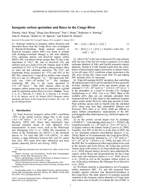 Pdf Inorganic Carbon Speciation And Fluxes In The Congo River