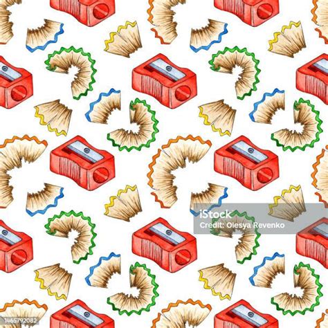 Pattern Red Sharpener And Pencil Flakes Watercolor Stock Illustration