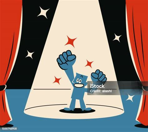 미소 짓는 파란 남자가 스포트라이트와 함께 무대에서 의기양양하게 허공을 날리고 있었다 끈기에 대한 스톡 벡터 아트 및 기타 이미지 끈기 자기 주장이 강함 힘 Istock