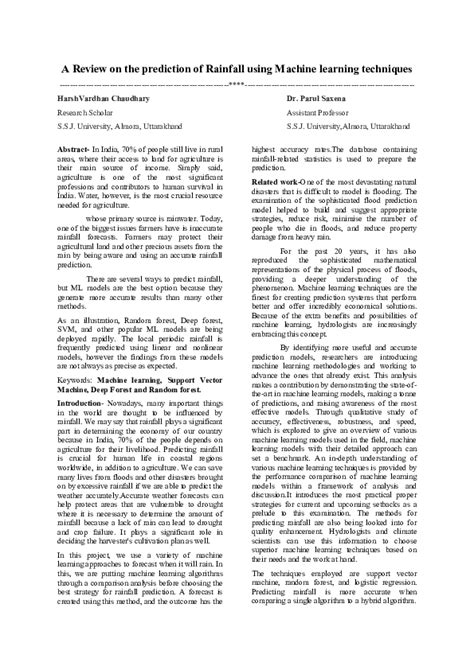 Doc A Review On The Prediction Of Rainfall Using Machine Learning