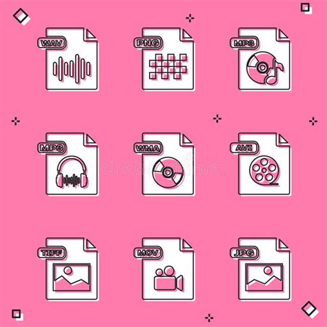Set WAV File Document PNG MP WMA AVI TIFF And MOV Icon Vector Stock Illustration