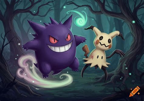A Cute Stylized Mimikyu Stands In A Dark Forest Illuminated By Glowing Crescent Moons And