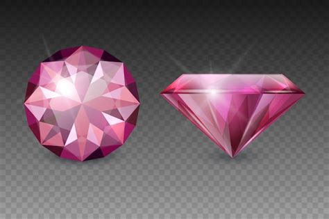 벡터 3d 현실적인 핑크 투명 보석 다이아몬드 크리스탈 라인스톤 아이콘 설정 격리 귀중품 개념 디자인 템플릿 클립 아트 위쪽 및 측면 보기 프리미엄 벡터