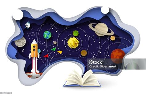 하늘 행성 조디악 별자리 우주 비행사 로켓 벡터 종이 컷 일러스트와 오픈 북 천문학 과학 책에 대한 스톡 벡터 아트 및 기타 이미지 Istock