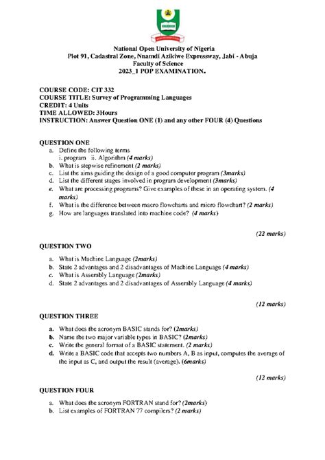 Cit332 2023 1 Exam Past Questions About Survey Of Programming Languages National Open