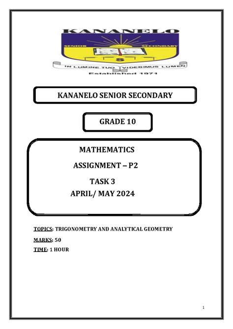 Grade 10 Assignment Part 2 Topics Trigonometry And Analytical Geometry Marks 50 Time 1 Hour