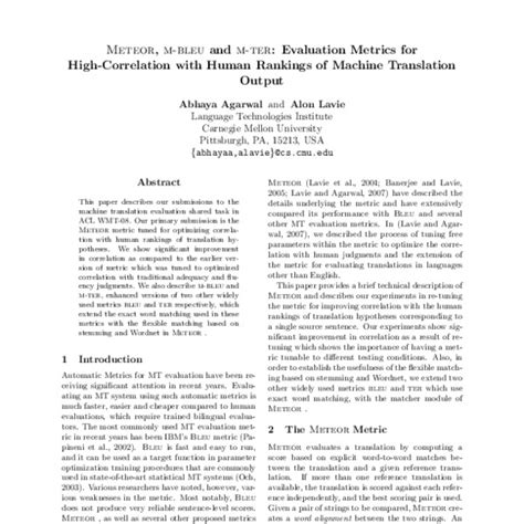Meteor M Bleu And M Ter Evaluation Metrics For High Correlation With Human Rankings Of Machine