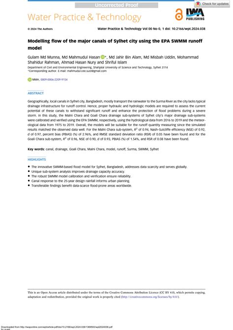 Pdf Modelling Flow Of The Major Canals Of Sylhet City Using The Epa Swmm Runoff Model