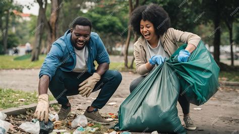 Premium Photo | Man and woman picking up trash from the park they collecting the litter in ...