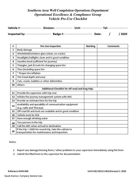 003 Vehicle Pre Use Checklist Pdf