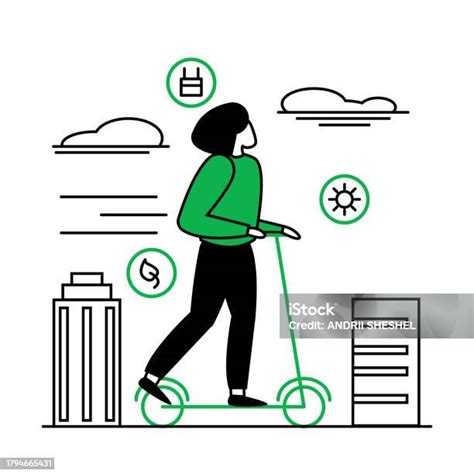생태 교통 수단을 사용하여 밖에서 시간을 보내는 젊은 여성 만화 캐릭터 타기 킥 스쿠터 관광객에 대한 스톡 벡터 아트 및 기타 이미지 관광객 교통수단 균형 Istock