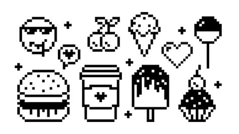 픽셀 아트 패스트 및 스트리트 푸드 스티커 컬렉션 맛있는 식사의 메가 세트 간단한 형상 8비트 레트로 스타일 패스트푸드 픽셀 햄버거 아이스크림 패스트리 콘 케이크 침을