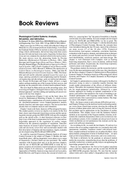 Pdf Physiological Control Systems Analysis Simulation And Estimation Book Review