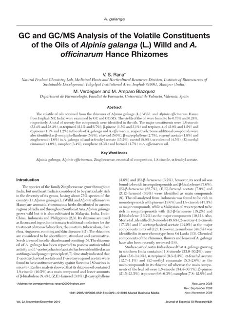 Pdf Gc And Gcms Analysis Of The Volatile Constituents Of The Oils Of Alpinia Galanga L