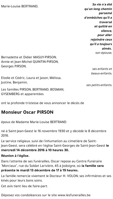 Avis De Décès De Oscar Pirson Décédé Le 08 12 2016 à Saint Jean Geest Annonce Condoléances