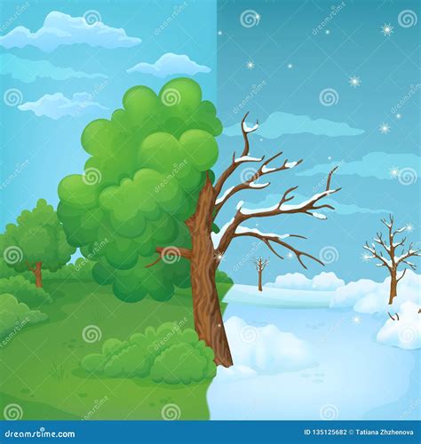Cartoon Tree Split In Half On A Divided Summer And Winter Background Part With Lush Green