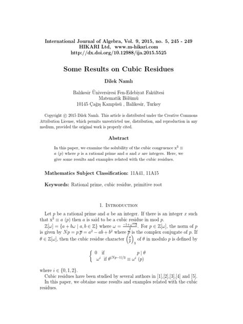 Some Results On Cubic Residues Pdf Prime Number Integer