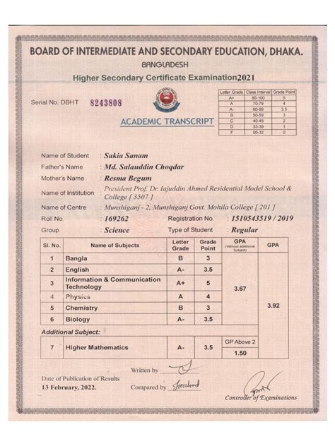 Higher Secondary School Transcript Pdf