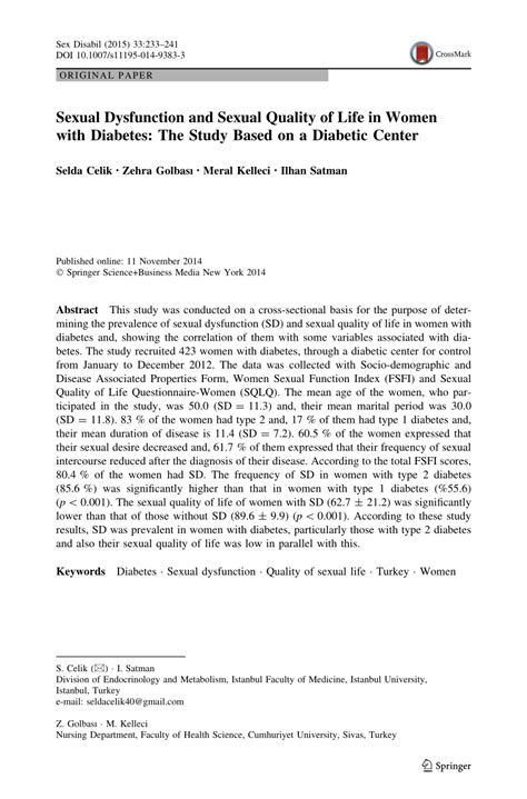 PDF Sexual Dysfunction And Sexual Quality Of Life In Women With Diabetes The Study Based On A