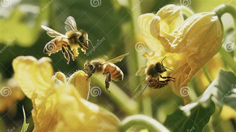 A Group Of Busy Bees Pollinating Rows Of Bright Yellow Squash Flowers