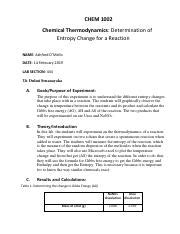 Thermodynamics LAB REPORT Pdf CHEM Chemical Thermodynamics Determination Of Entropy