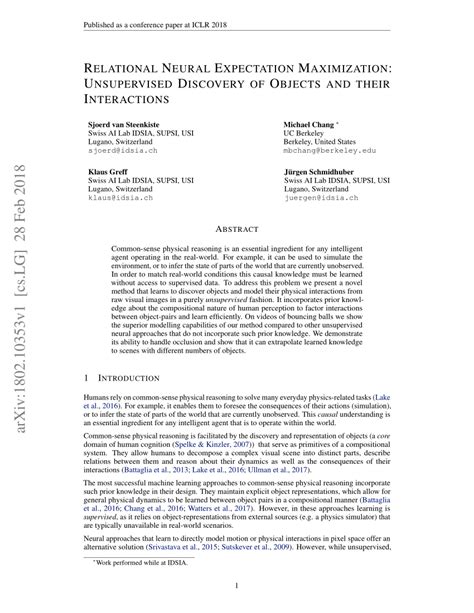 Pdf Relational Neural Expectation Maximization Unsupervised Discovery Of Objects And Their