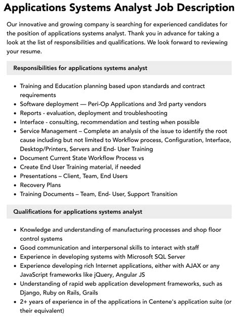 Applications Systems Analyst Job Description Velvet Jobs