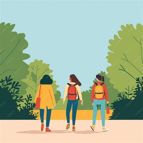 Three Young Women Walk Together Through Park Chatting Enjoying Nature