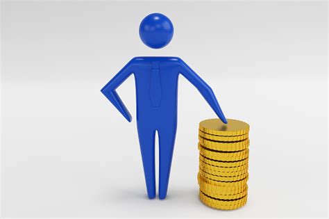 큰 이익을 가진 성공적인 사업가는 금화 더미 옆에 서 있다 3d 렌더링 3차원 형태에 대한 스톡 사진 및 기타 이미지 3차원