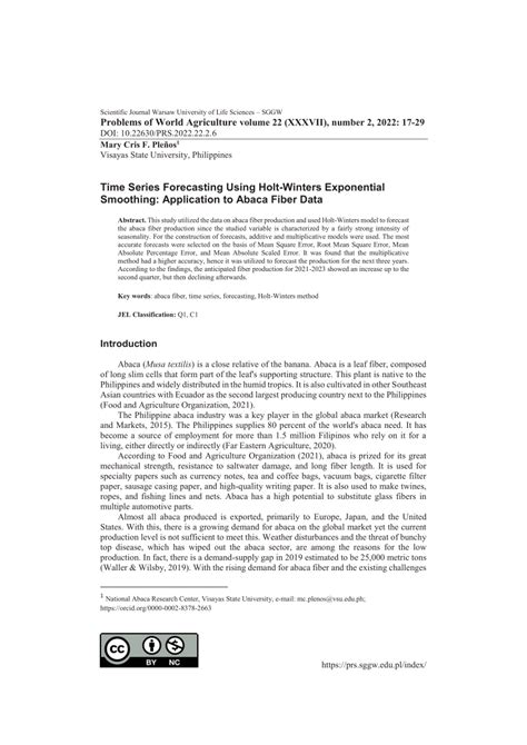 Pdf Time Series Forecasting Using Holt Winters Exponential Smoothing Application To Abaca
