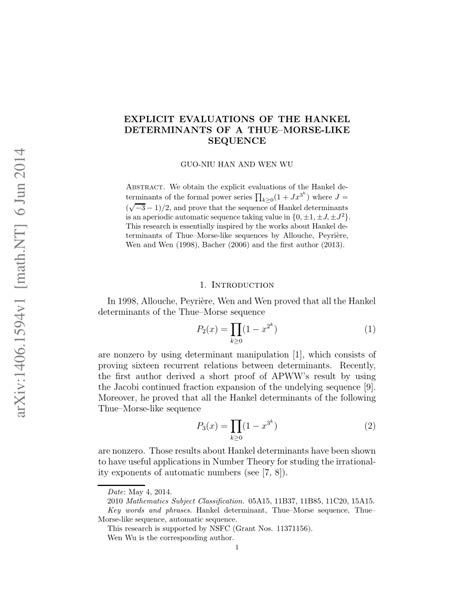 Pdf Evaluations Of The Hankel Determinants Of A Thue Morse Like Sequence