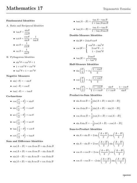 Trigo Formula Sheet Pdf Sine Trigonometry Trigo Formula Sheet Pdf Sine Trigonometry