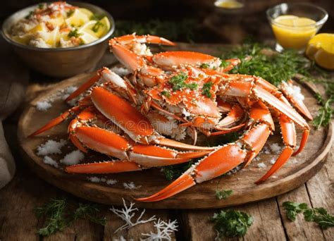 Delicious Snow Crab Leg Clusters On Wooden Table Stock Illustration