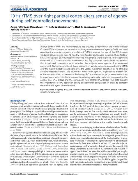 Pdf 10 Hz Rtms Over Right Parietal Cortex Alters Sense Of Agency During Self Controlled Movements