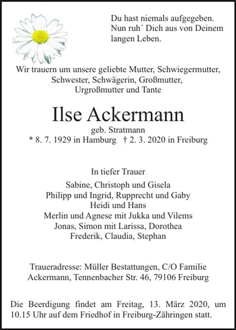 Ilse Ackermann Traueranzeigen Nachrufe And Danksagungen Auf Bztrauer De