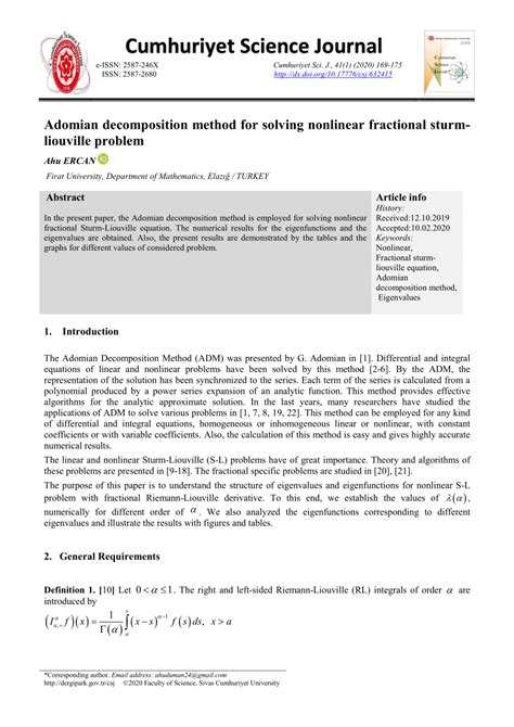 Pdf Adomian Decomposition Method For Solving Nonlinear Fractional Sturm Liouville Problem