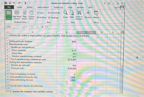 Solved Variable And Absorption Costing Using Excels Sum And