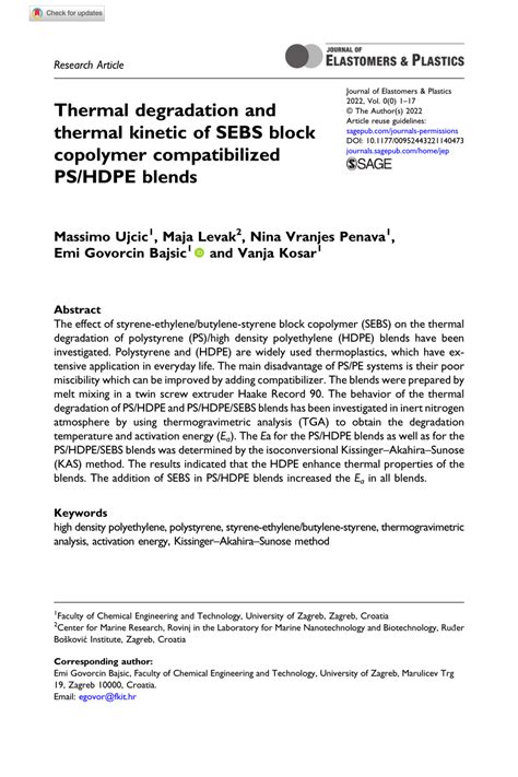 Pdf Thermal Degradation And Thermal Kinetic Of Sebs Block Copolymer Compatibilized Pshdpe Blends
