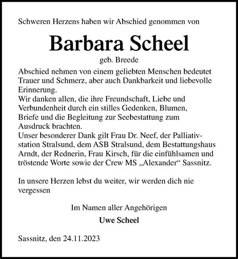 Traueranzeigen Von Barbara Scheel Trauer Anzeigende