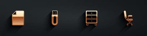 파일 문서 Usb 플래시 드라이브 보관 용지 서랍 및 사무실 의자 아이콘을 긴 그림자로 설정합니다 벡터 Usb 케이블에 대한 스톡 벡터 아트 및 기타 이미지 Istock