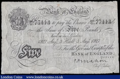 Five Pounds Mahon White B215c Dated 3rd August 1927 Series 345u 771