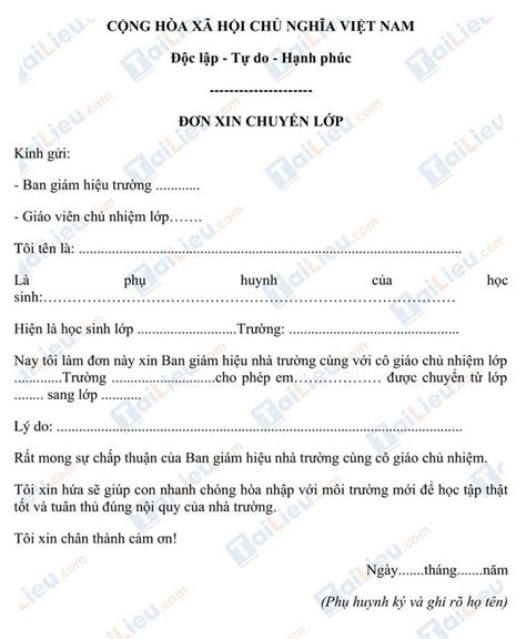 Mẫu viết đơn xin chuyển lớp Mẫu viết đơn xin chuyển lớp