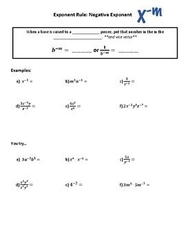 Exponent Rules Guided Notes ZERO AND NEGATIVE EXPONENTS ONLY TPT