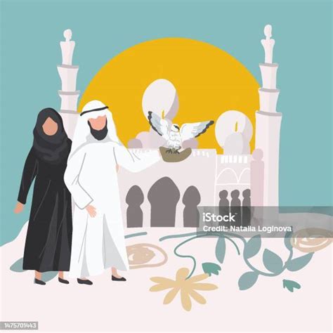 Uae 개념 만화 벡터 삽화는 사람들 캐릭터와 관광 명소 및 아랍 에미리트의 상징입니다 셰이크 자이드 사원에 대한 스톡 벡터 아트 및 기타 이미지 셰이크 자이드 사원